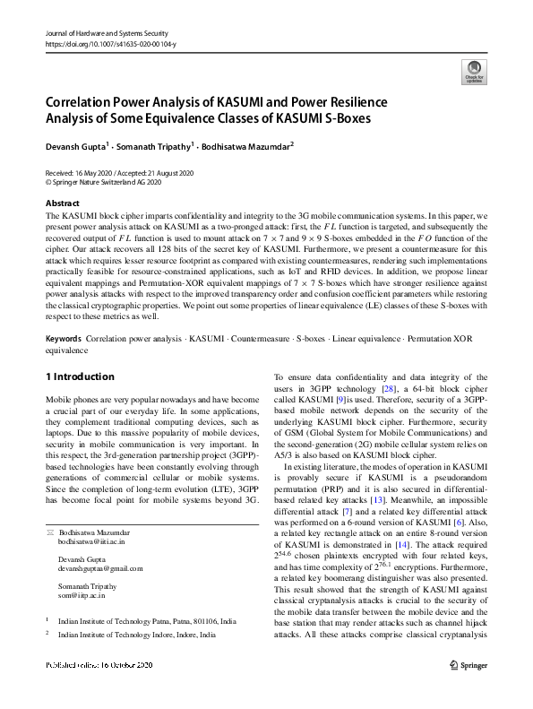 (PDF) Correlation Power Analysis of KASUMI and Power Resilience Analysis of Some Equivalence ...