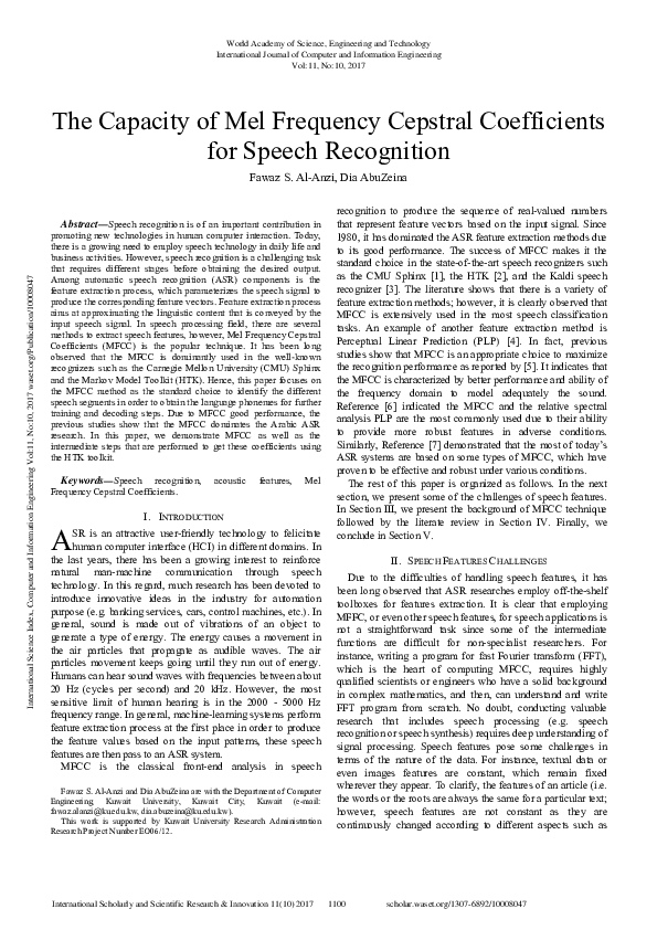 Pdf The Capacity Of Mel Frequency Cepstral Coefficients For Speech Recognition