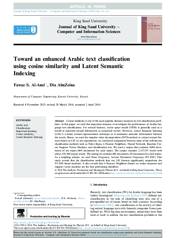 (PDF) Toward an enhanced Arabic text classification using cosine similarity and Latent Semantic ...