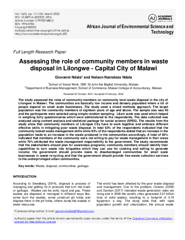 (PDF) Assessing the role of community members in waste disposal in ...
