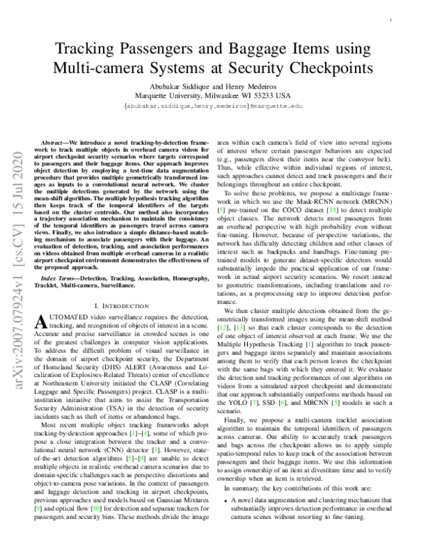 (PDF) Tracking Passengers and Baggage Items Using Multiple Overhead Cameras at Security Checkpoints