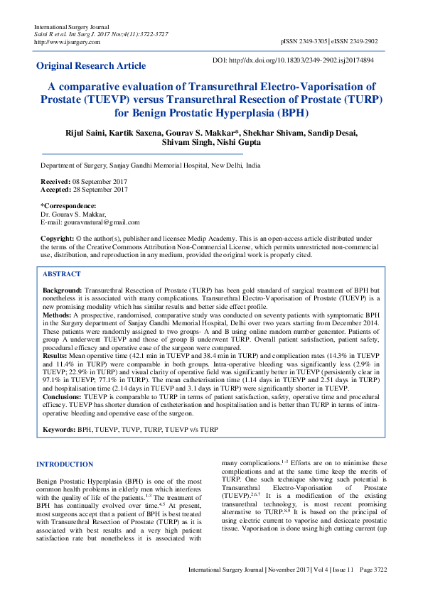 (PDF) A comparative evaluation of Transurethral Electro-Vaporisation of ...