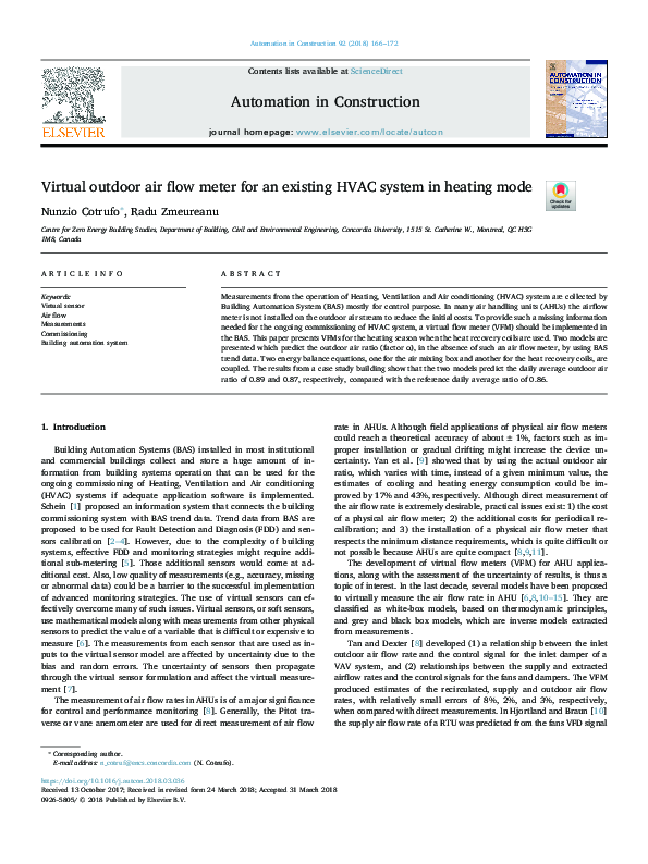 (PDF) Virtual outdoor air flow meter for an existing HVAC system in ...