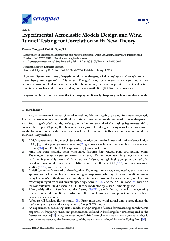 Pdf Experimental Aeroelastic Models Design And Wind Tunnel Testing For Correlation With New Theory