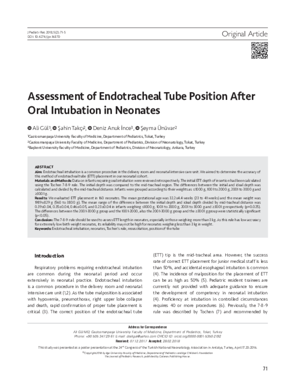 (PDF) Assessment of Endotracheal Tube Position After Oral Intubation in ...