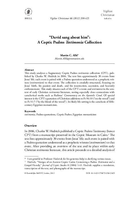 (PDF) “David sang about him”: A Coptic Psalms Testimonia Collection