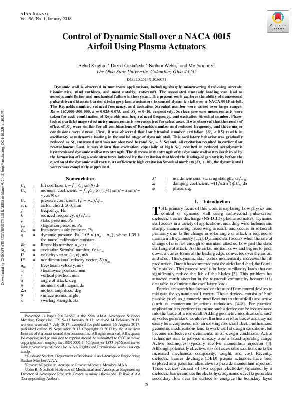 (PDF) Control of Dynamic Stall over a NACA 0015 Airfoil Using Plasma Actuators