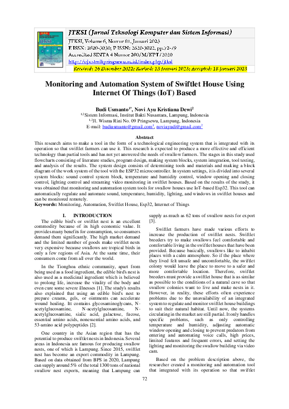 (PDF) Monitoring and Automation System of Swiftlet House Using Internet Of Things (IoT) Based