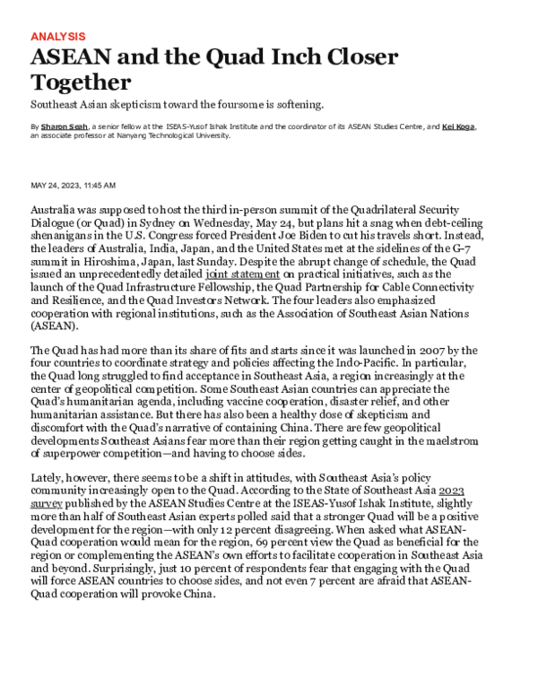 (PDF) ASEAN and the Quad Inch Closer Together