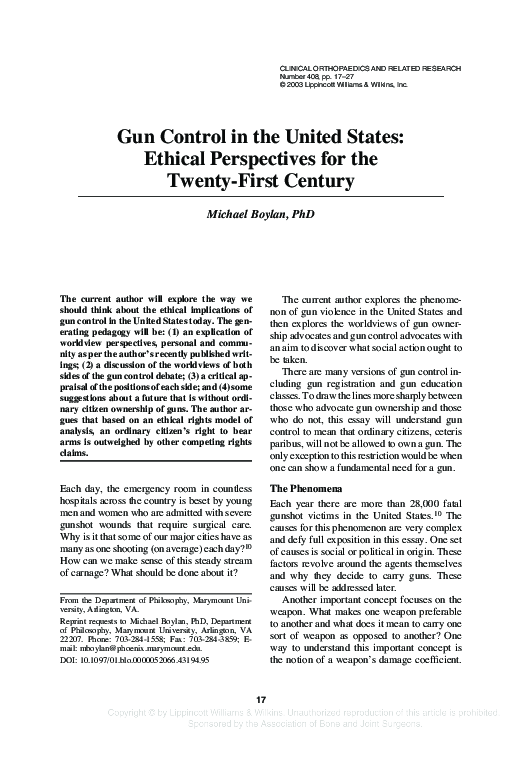 (PDF) Gun Control in the United States: Ethical Perspectives for the ...