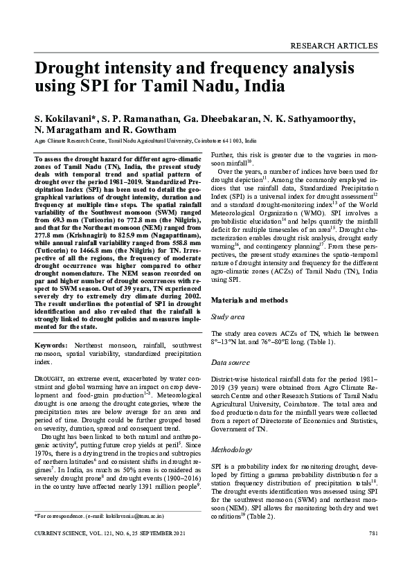 (PDF) Drought intensity and frequency analysis using SPI for Tamil Nadu, India