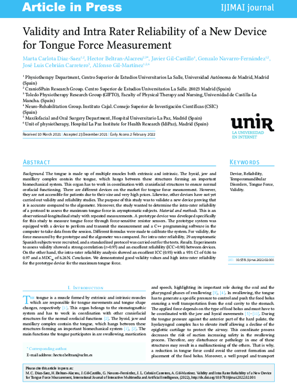 (PDF) Validity and Intra Rater Reliability of a New Device for Tongue ...