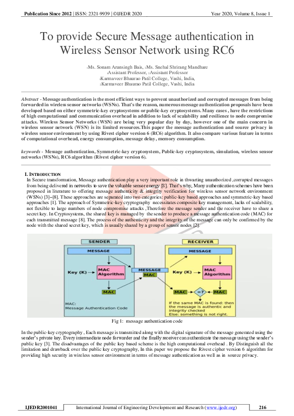 (PDF) To provide Secure Message authentication in Wireless Sensor Network using RC6