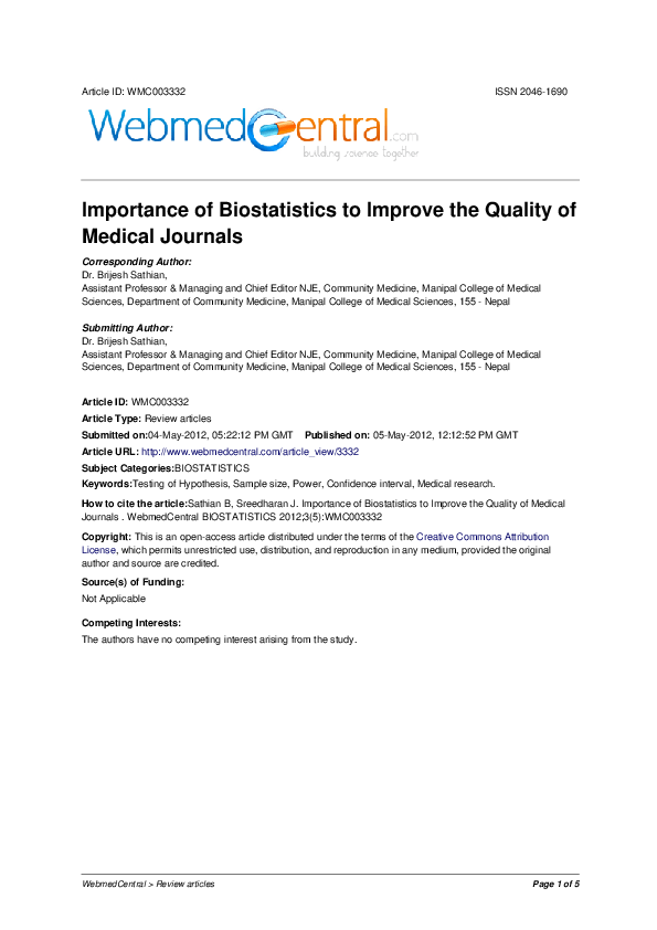 (PDF) Importance Of Biostatistics To Improve The Quality Of Medical ...