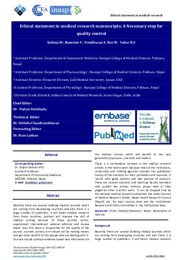 (PDF) Ethical statement in medical research manuscripts: A Necessary ...