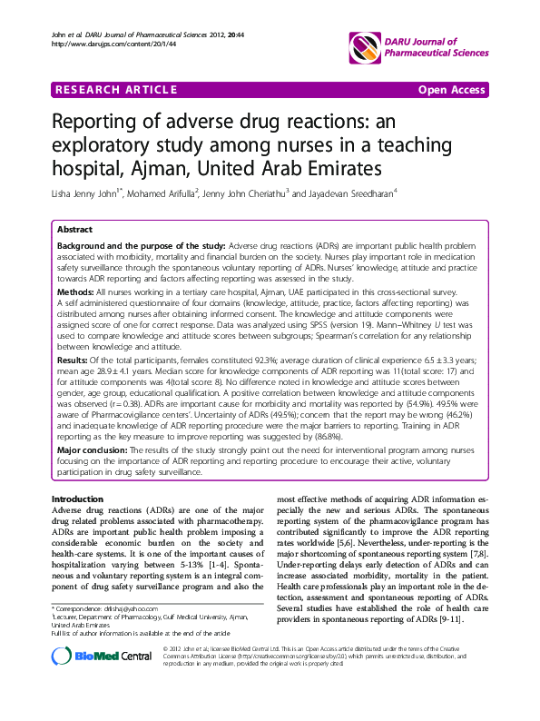 (PDF) Reporting of adverse drug reactions: An exploratory study among ...