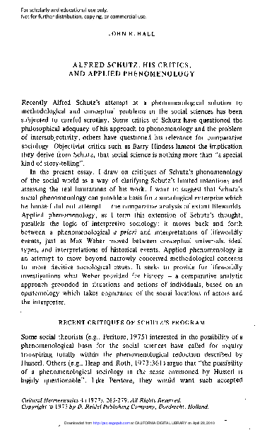 (PDF) Alfred Schutz, His Critics, and Applied Phenomenology
