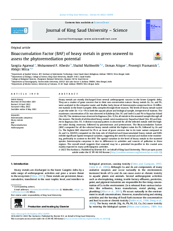 (PDF) Heavy metal absorption from estuarine water by Enteromorpha sp..pdf