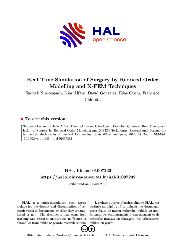 Pdf Real Time Simulation Of Surgery By Reduced Order Modeling And X Fem Techniques