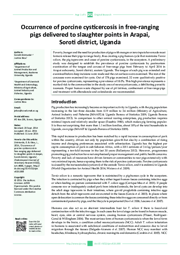 (PDF) Occurrence of porcine cysticercosis in free-ranging pigs ...