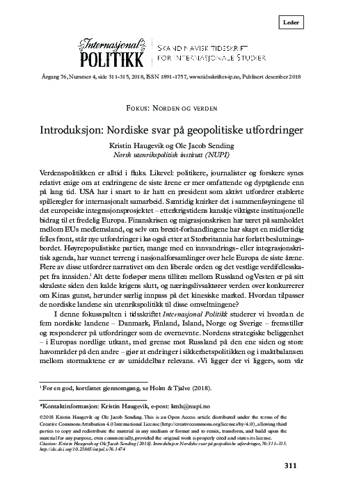 (PDF) Introduksjon: Nordiske svar på geopolitiske utfordringer