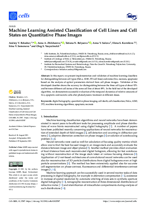 Pdf Machine Learning Assisted Classification Of Cell Lines And Cell States On Quantitative
