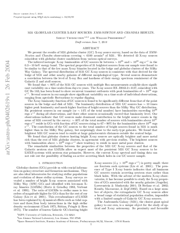 (PDF) M31 Globular Cluster X‐Ray Sources: XMM‐Newton and Chandra Results