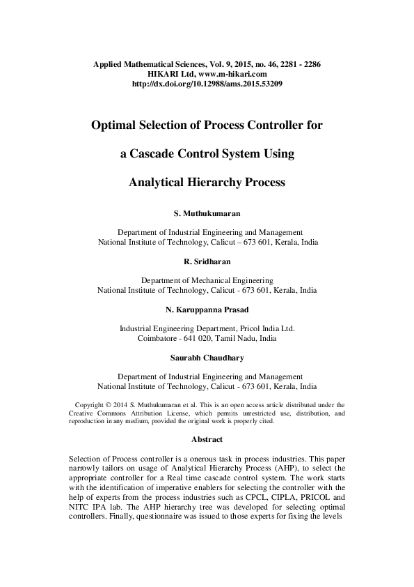 (PDF) Optimal selection of process controller for a cascade control system using analytical ...