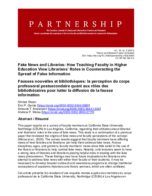 (PDF) Fake News and Libraries: How Teaching Faculty in Higher Education ...