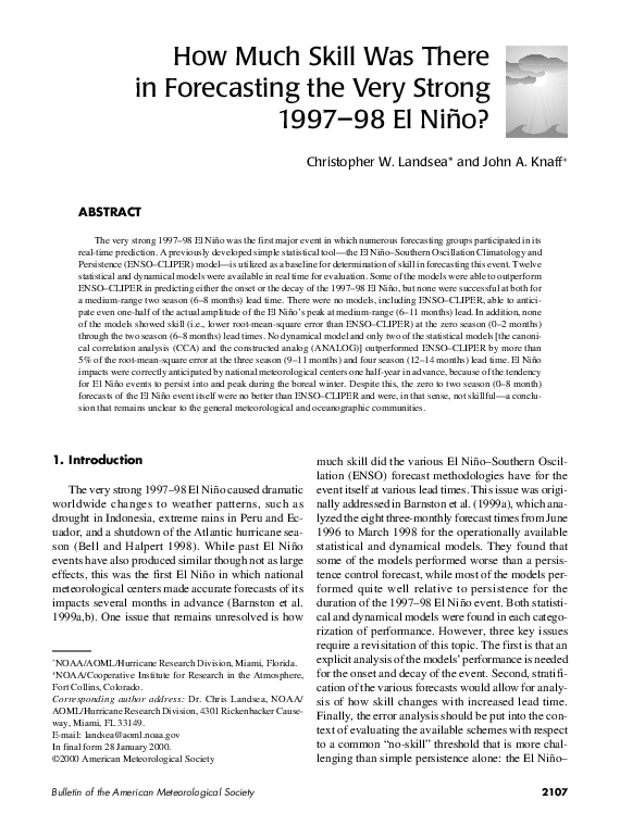 (PDF) How Much Skill Was There in Forecasting the Very Strong 1997–98 El Niño? | EL NINO ...