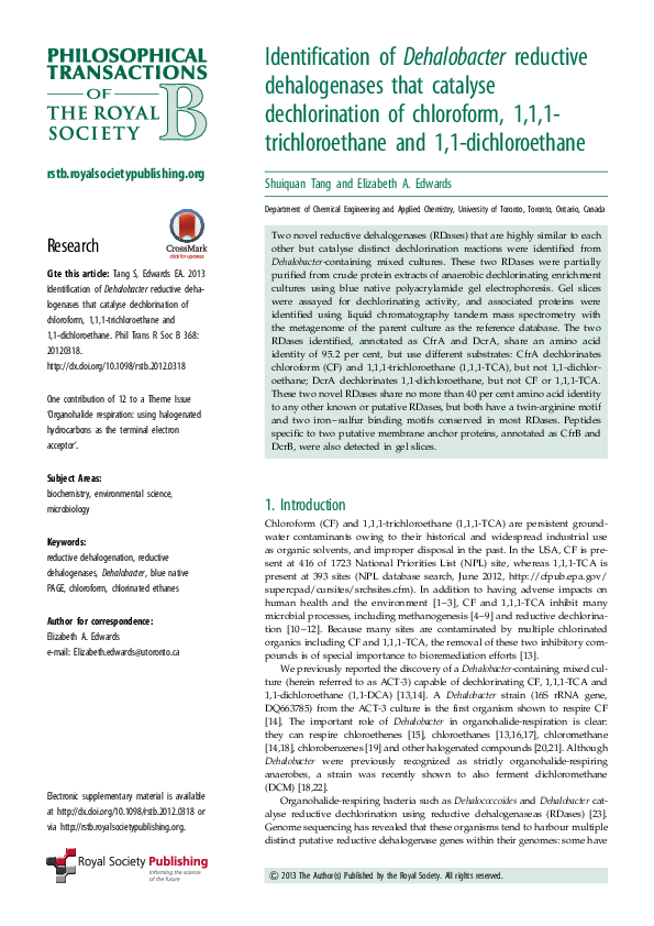 (PDF) Identification of Dehalobacter reductive dehalogenases that ...