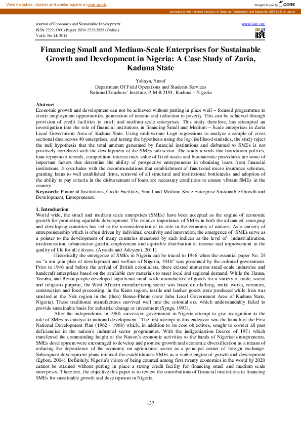 (PDF) Financing Small and Medium-Scale Enterprises for Sustainable Growth and Development in ...