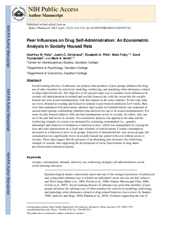 (PDF) Peer influences on drug self-administration | Mark Smith ...