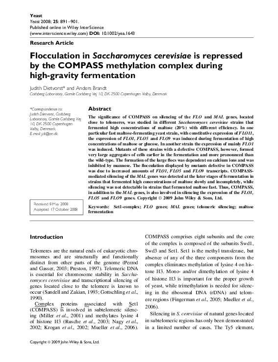 (PDF) Flocculation in Saccharomyces cerevisiae is repressed by the ...