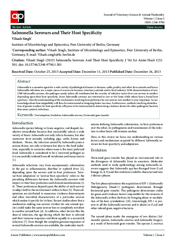 (PDF) Salmonella Serovars and Their Host Specificity