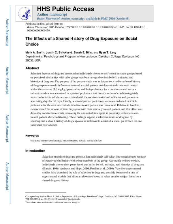 (PDF) The effects of a shared history of drug exposure on social choice
