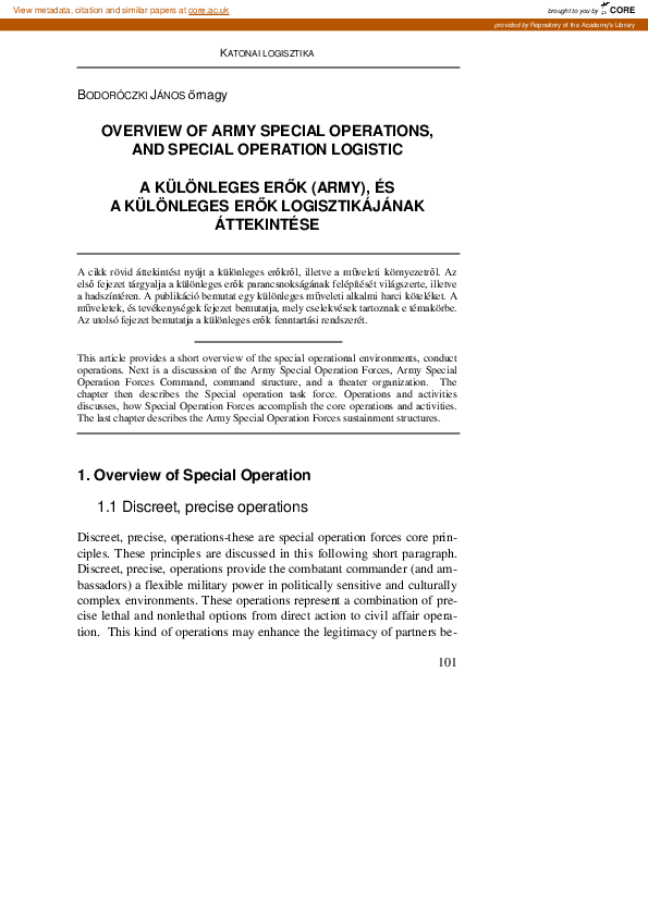 (PDF) Overview of army special operations, and special operation logistic
