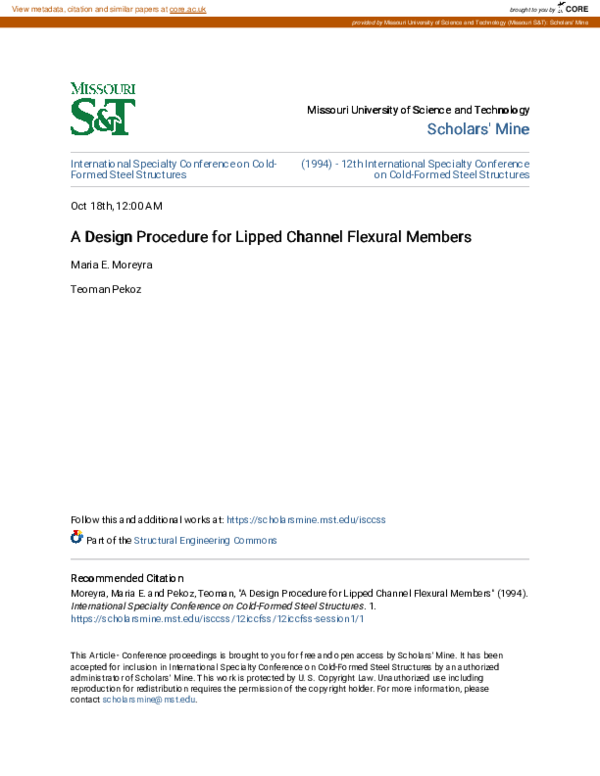 (PDF) A Design Procedure for Lipped Channel Flexural Members