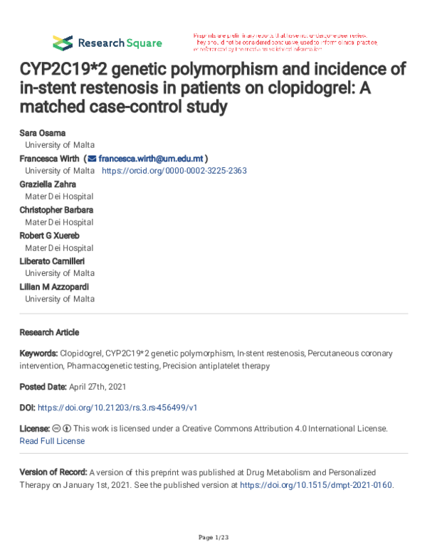(PDF) CYP2C19*2 genetic polymorphism and incidence of in-stent ...
