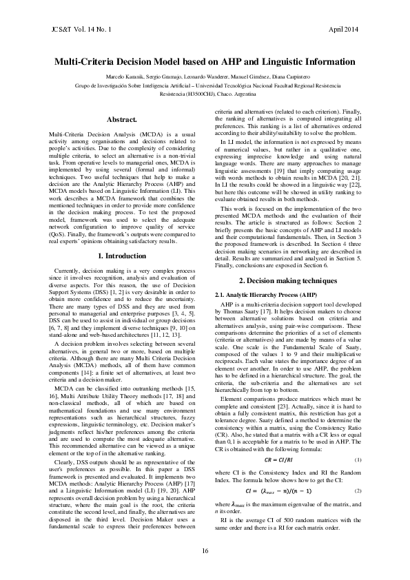 Pdf Multi Criteria Decision Model Based On Ahp And Linguistic Information