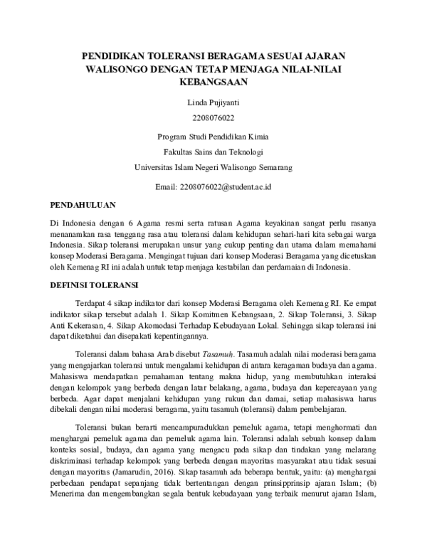 (DOC) PENDIDIKAN TOLERANSI BERAGAMA SESUAI AJARAN WALISONGO DENGAN TETAP MENJAGA NILAI-NILAI ...