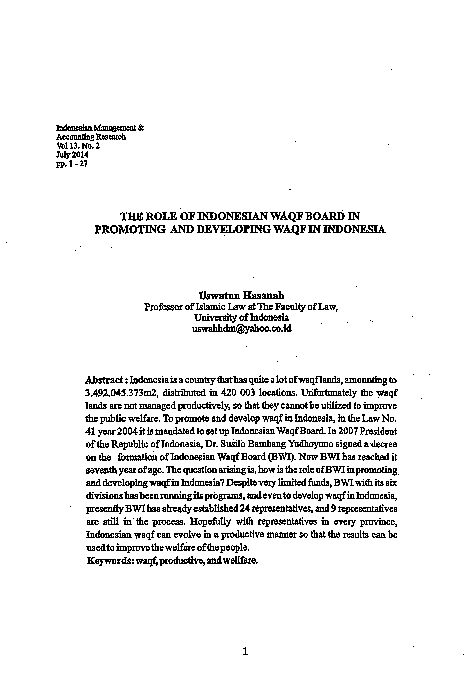 (PDF) The Role of Indonesian Waqf Board in Promoting and Developing Waqf in Indonesia