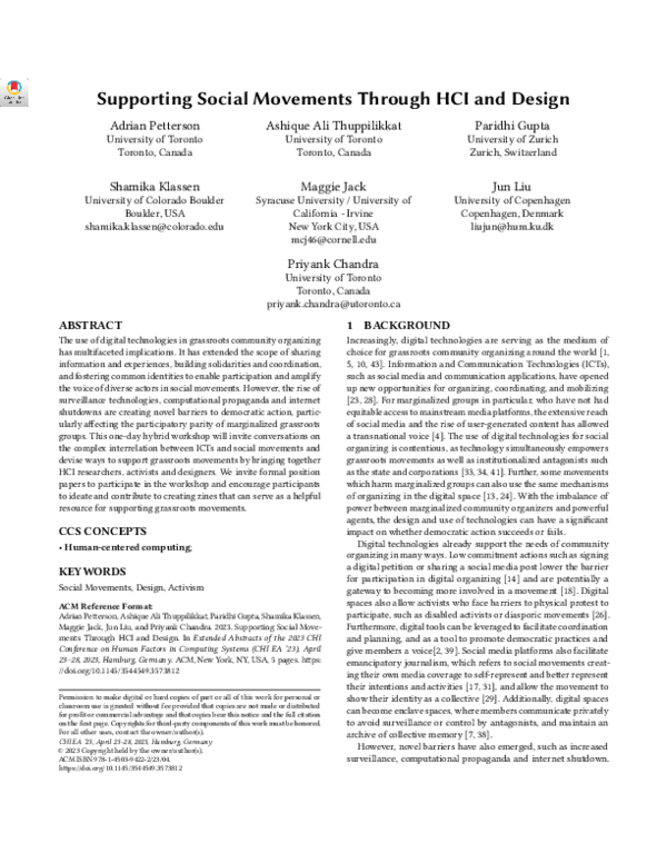 (PDF) Supporting Social Movements Through HCI and Design