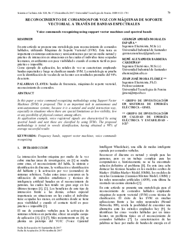 (PDF) RECONOCIMIENTO DE COMANDOS POR VOZ CON MÁQUINAS DE SOPORTE VECTORIAL A TRAVÉS DE BANDAS ...