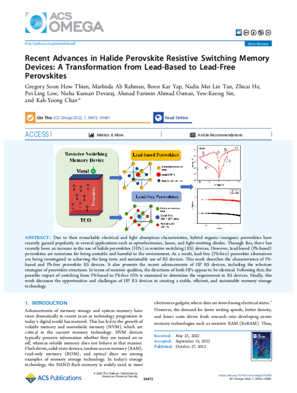 (PDF) Recent Advances in Halide Perovskite Resistive Switching Memory Devices: A Transformation ...