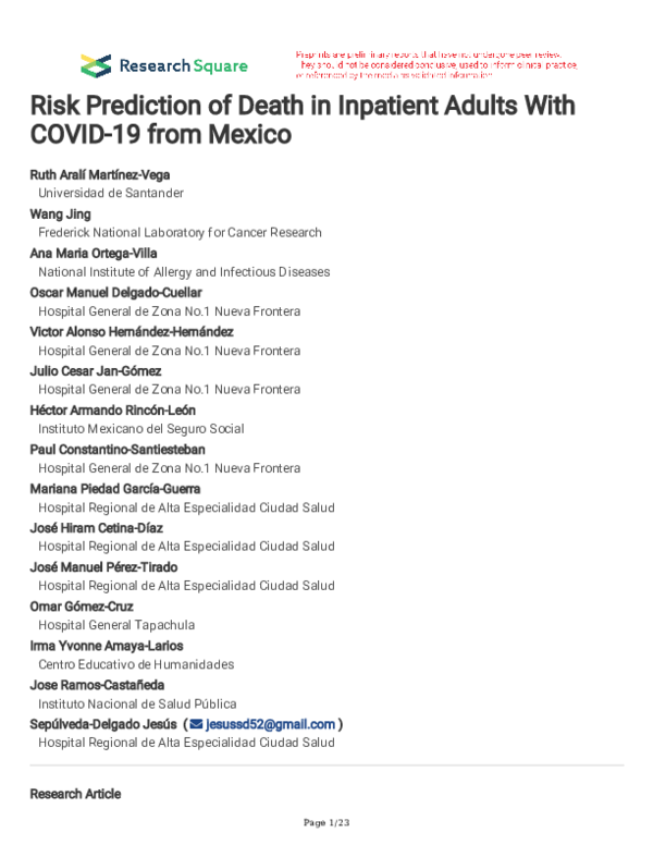 (PDF) Risk Prediction of Death in Inpatient Adults With COVID-19 from ...