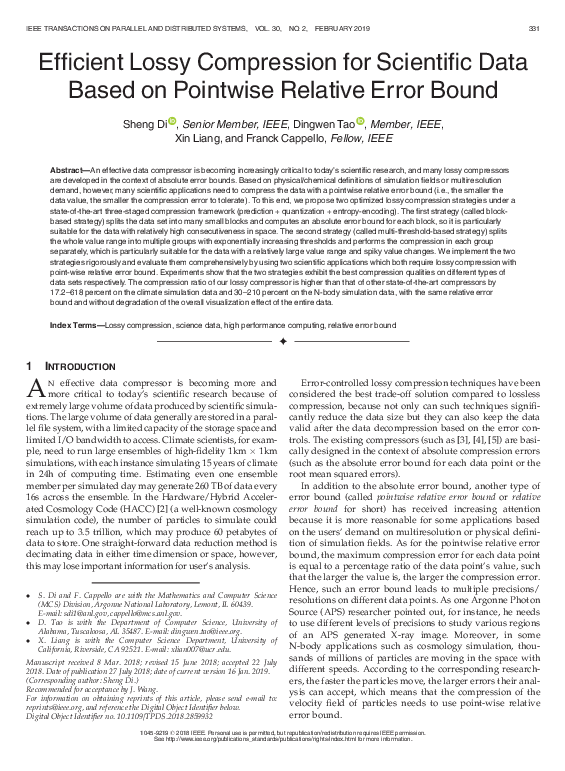 (PDF) Efficient Lossy Compression for Scientific Data Based on Pointwise Relative Error Bound