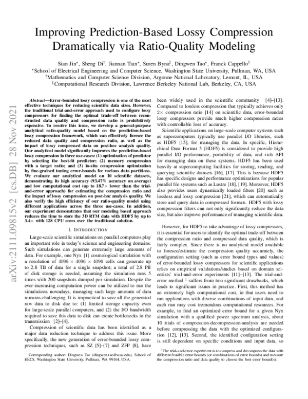 (PDF) Improving Prediction-Based Lossy Compression Dramatically via Ratio-Quality Modeling
