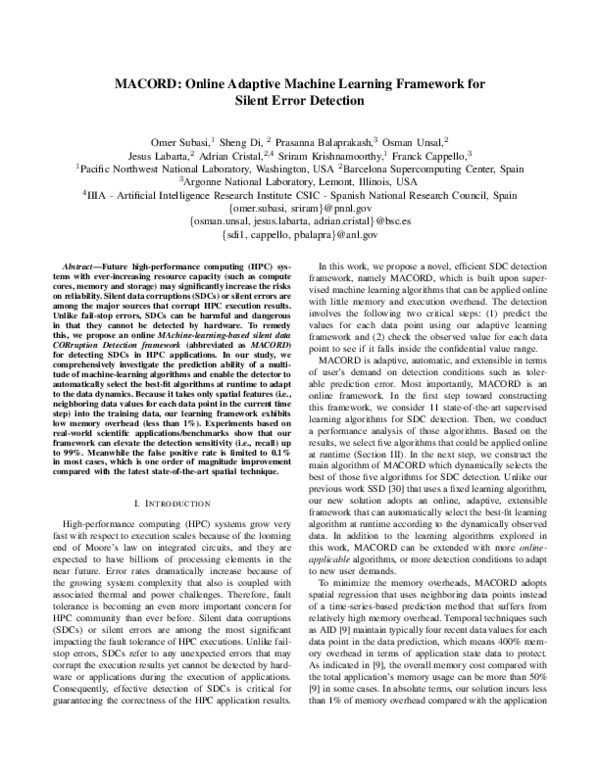 (PDF) MACORD: Online Adaptive Machine Learning Framework for Silent Error Detection