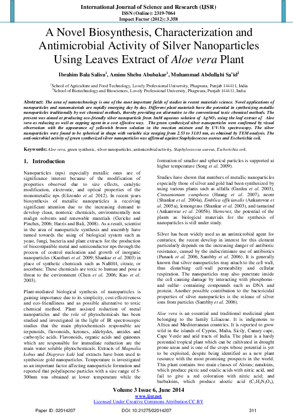 (PDF) A Novel Biosynthesis, Characterization and Antimicrobial Activity of Silver Nanoparticles ...